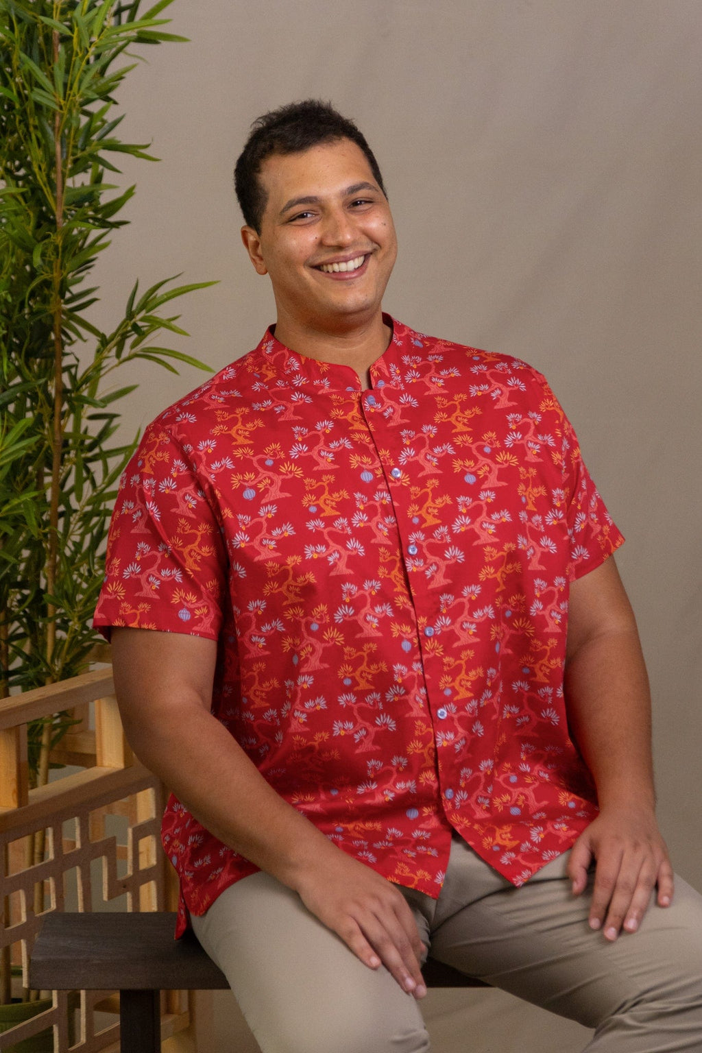 Men's Mandarin-Collared Shirt - Red Lucky Bonsai Design