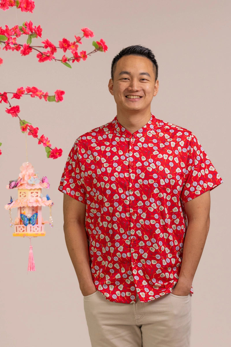 Men's Mandarin-Collared Shirt Red Fans | Elly CNY 2026 – The Elly Store