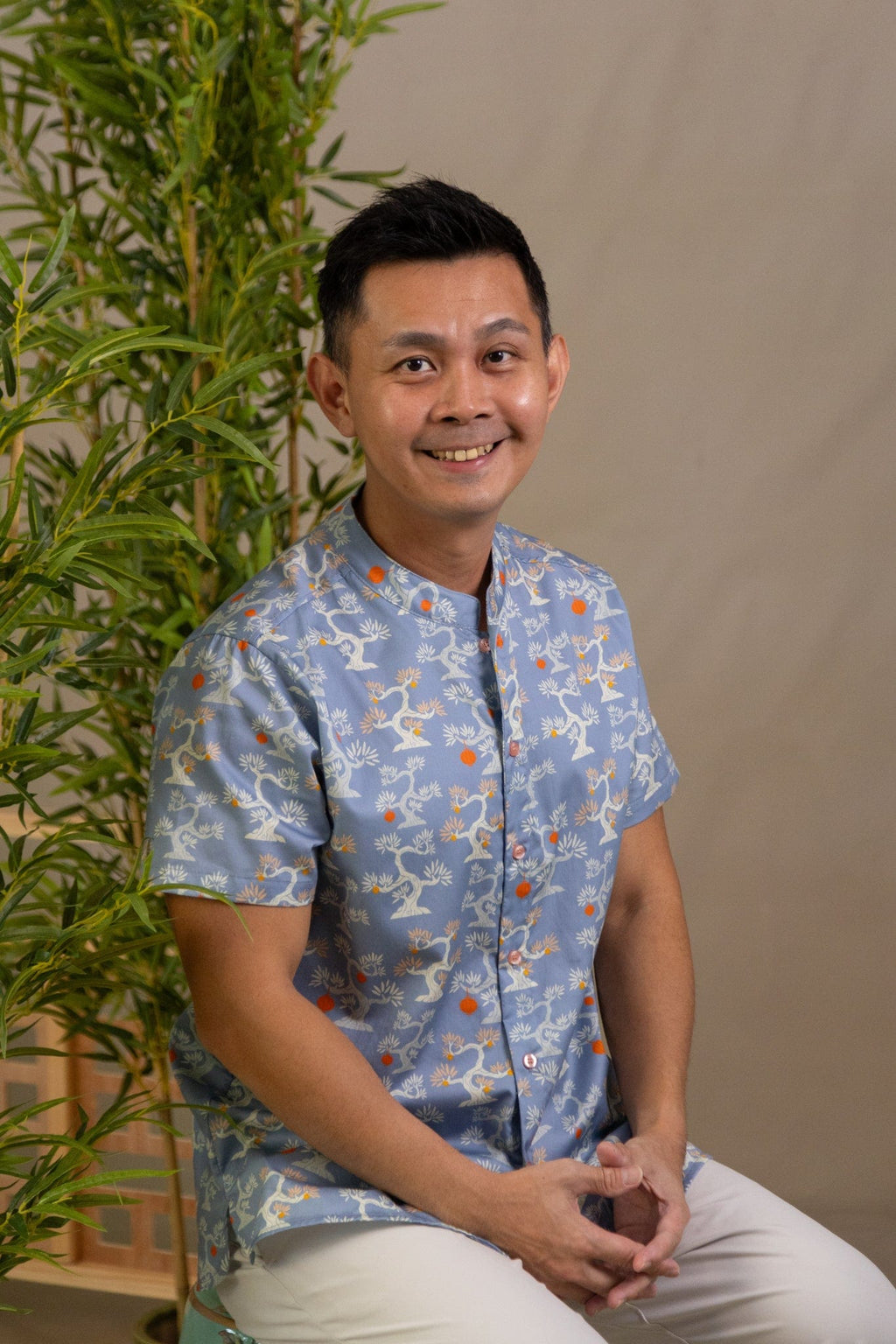 Men's Mandarin-Collared Shirt - Blue Lucky Bonsai Design – The Elly Store
